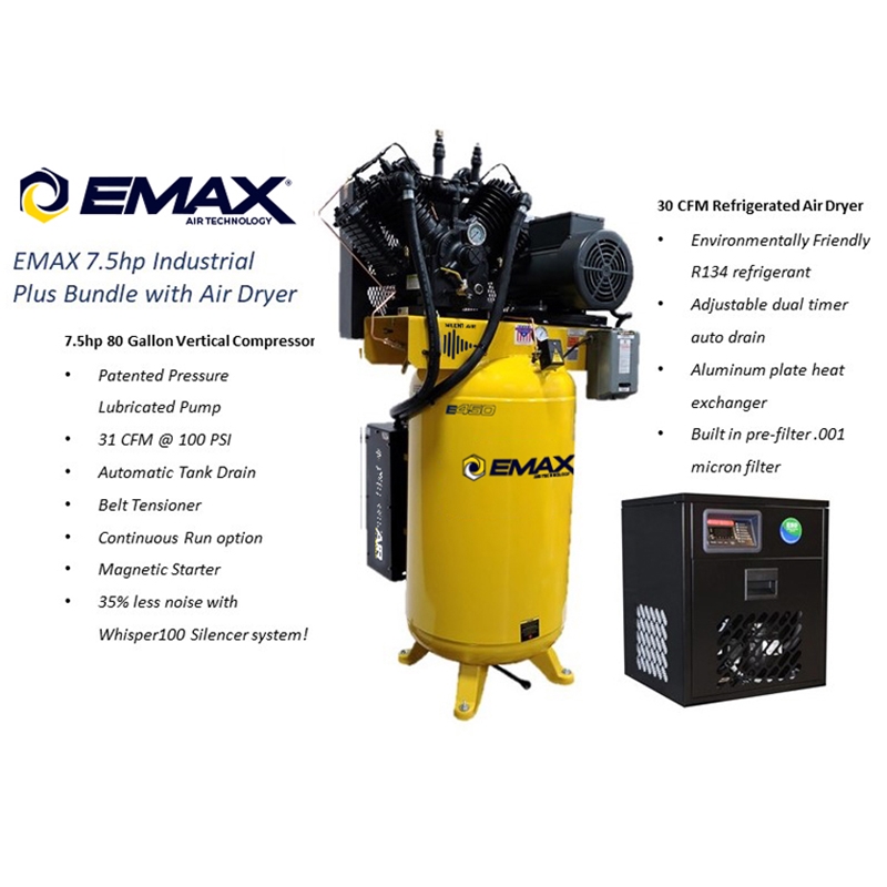 Genesis Auto Body Supply EMAX E450 Series 7.5 HP Air Compressor with 30 CFM Air Dryer 3 Phase Silent Air System ESP07V080V3PK